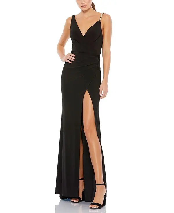 Mac Duggal Faux Wrap Gown With Rhinestone Straps