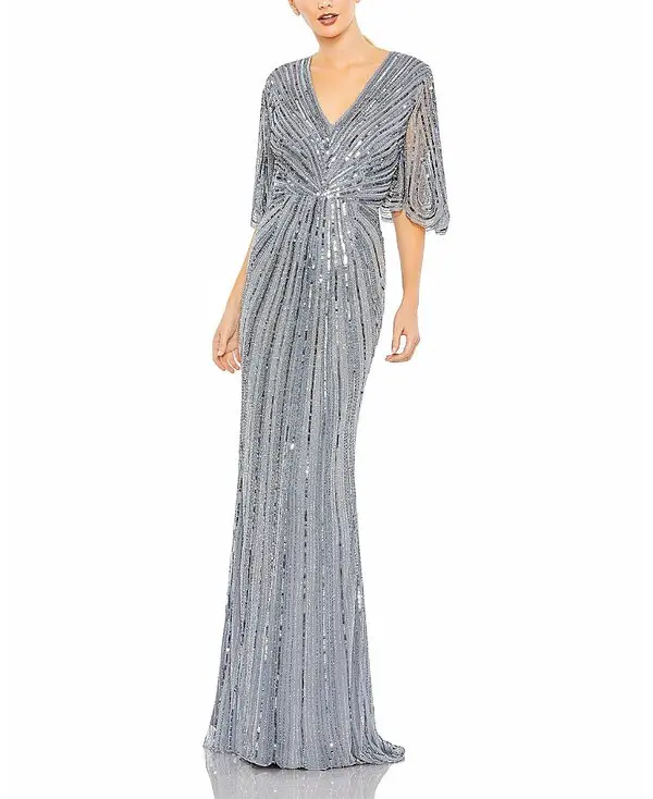 Mac Duggal Sequined V-neck Cape Sleeve Column Gown - Slate Blue