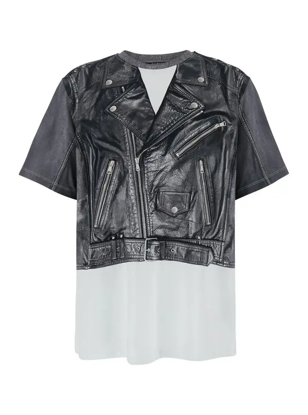 Balmain Black And White Crewneck T-shirt With Layered Design In Cotton
