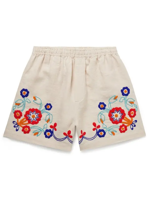 BODE Garden Party Straight-leg Linen Shorts - Neutrals