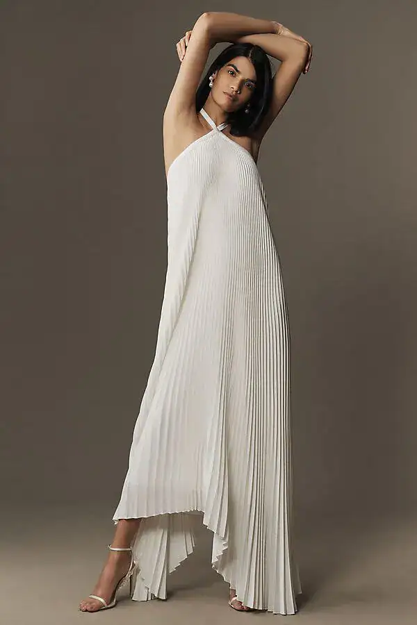 asymmetric color pleated dress Lights On One-Shoulder Ruffle Hem Maxi Dress White main image 0