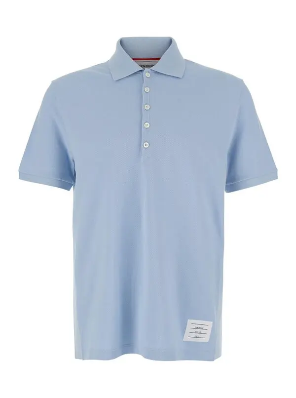 Thom Browne Light Polo Shirt With Four Stripe Detail And Logo Patch On The Front In Cotton