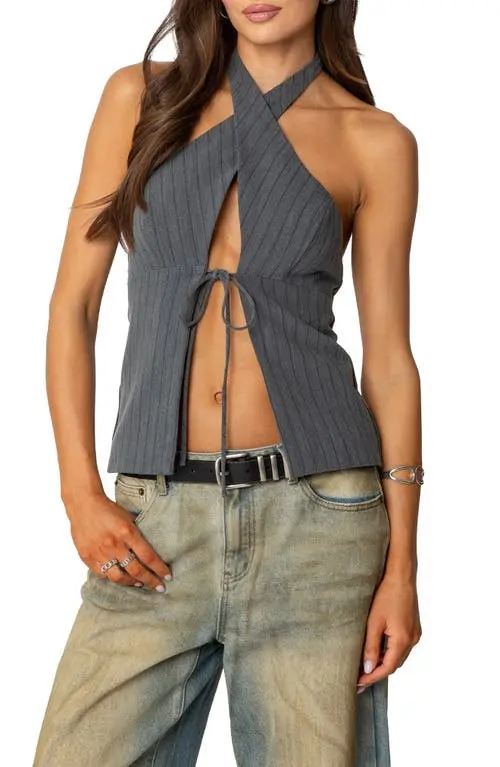 EDIKTED Pinstripe Split Front Halter Top