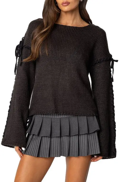 EDIKTED Amelia Lace Up Sleeve Sweater - Dark-gray