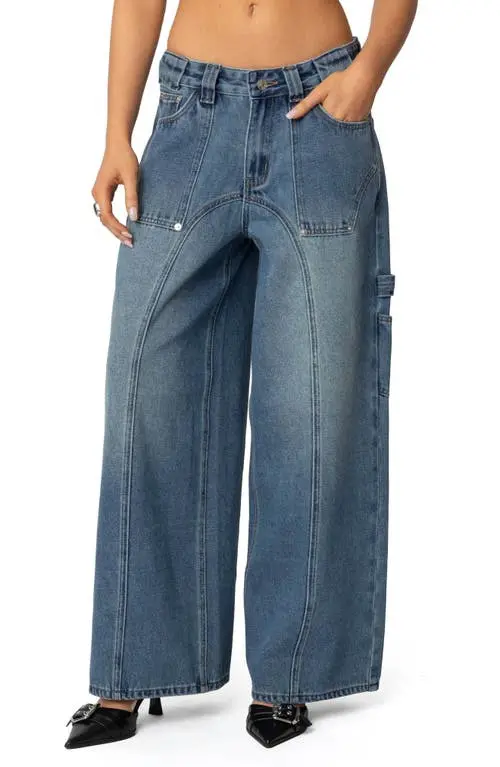 EDIKTED Baggy Low Rise Carpenter Jeans - Blue-washed