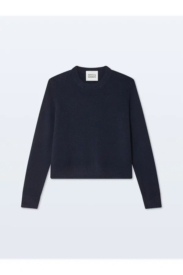 WHITE & WARREN Cashmere Ribbed Trim Crewneck - Navy / Blue