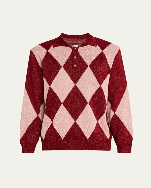 BODE Lurex Argyle Knit Polo Shirt - Pkmlt