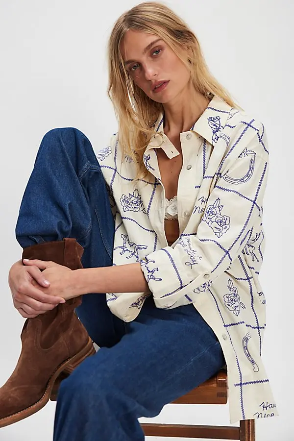 Free People We The Free Have A Nice Day Top - Ivory And Blue Combo