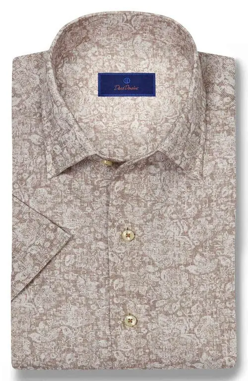 David Donahue Texture Floral Print Short Sleeve Linen & Cotton Shirt