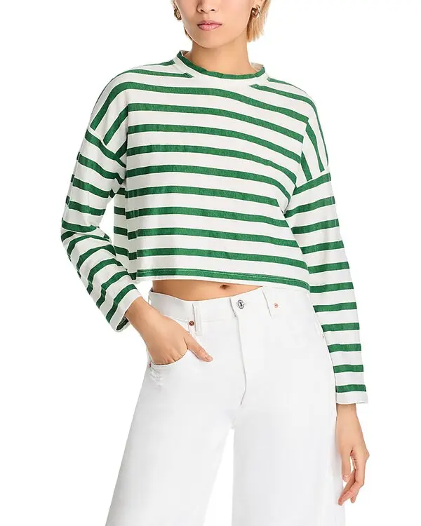 ASKK NY Cropped Long Sleeve Stripe Tee - Green Stripe