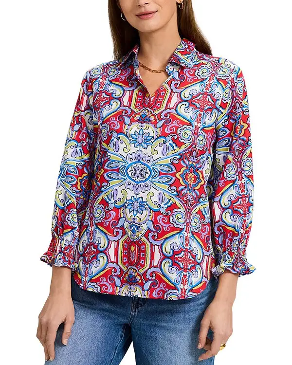 Foxcroft Olivia Tile Print Shirt - Red/ Multi