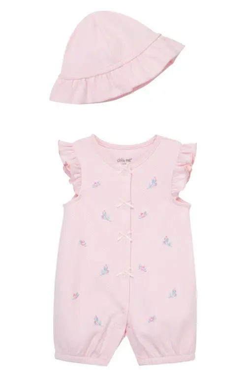 LITTLE ME Rosebud Embroidered Romper & Hat Set - Pink