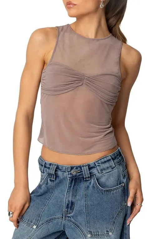 EDIKTED Erica Sheer Sleeveless Top - Brown