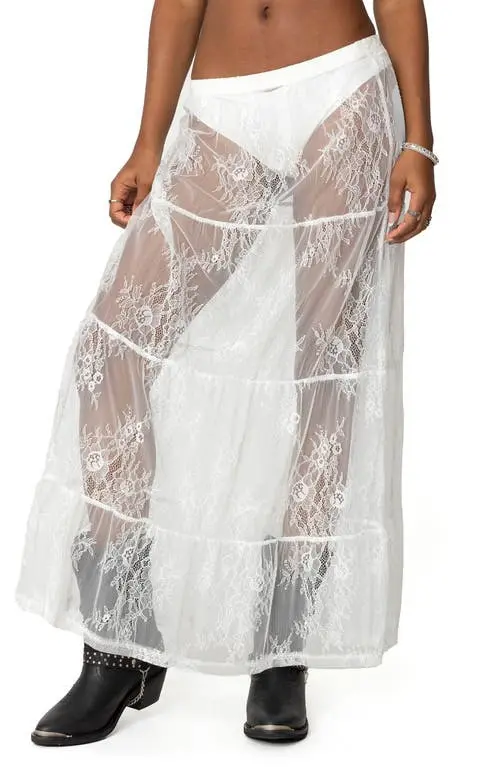 EDIKTED Tiered Sheer Lace Maxi Skirt