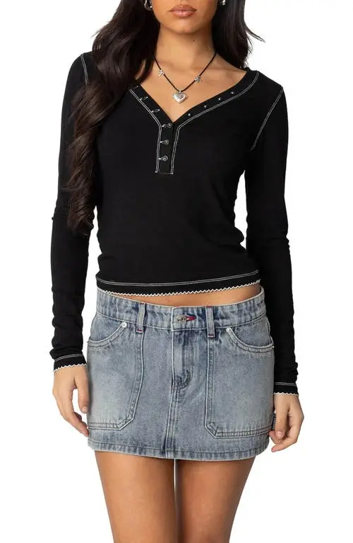 EDIKTED Yael Contrast Stitch Henley - Black