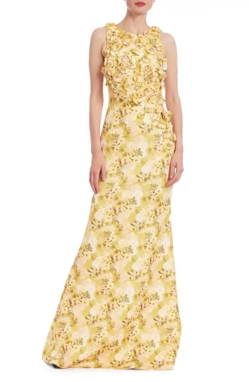 Badgley Mischka Floral Appliqué Scuba Knit Column Gown