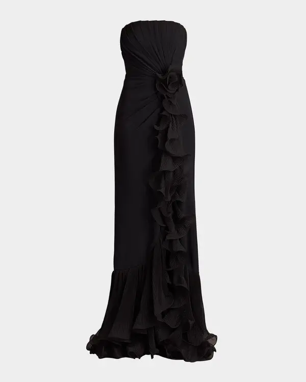 Tadashi Shoji Pleated Strapless Ruffle Gown - Black