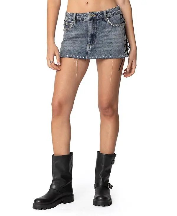 EDIKTED Casey Lace Up Denim Mini Skirt - Blue Washed