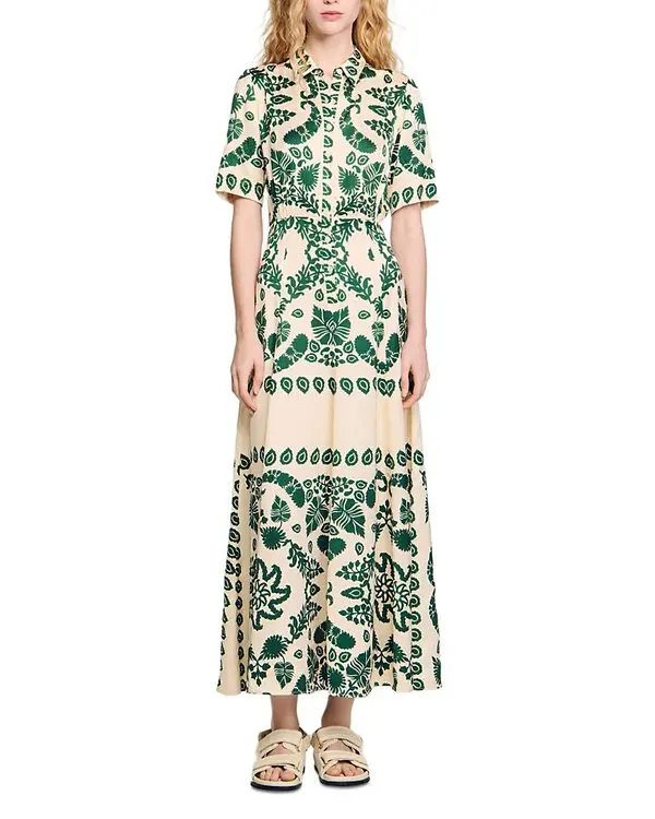 Sandro Floral Print Maxi Shirt Dress - Ecru/green