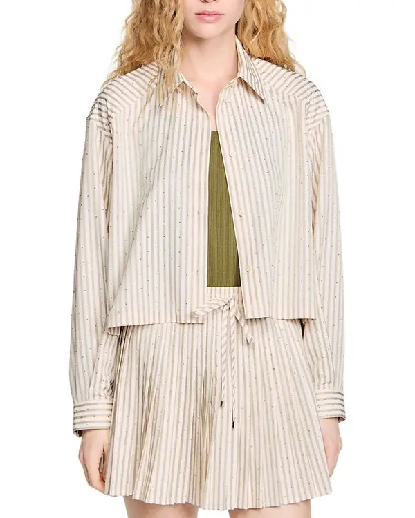 Sandro Striped Rhinestone Shirt - Khaki/pink