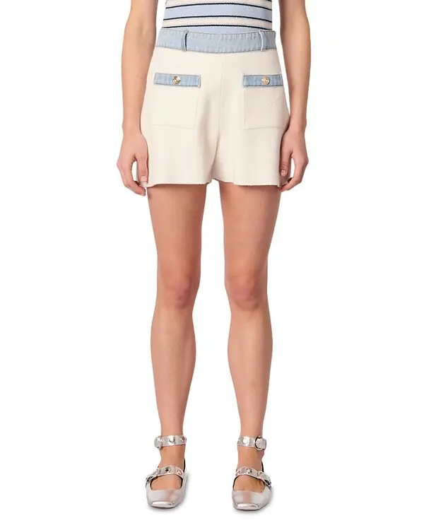Maje Denim Trimmed Knit Shorts - Ecru