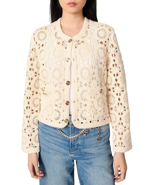 Maje Crocheted Cropped Cardigan - Ecru
