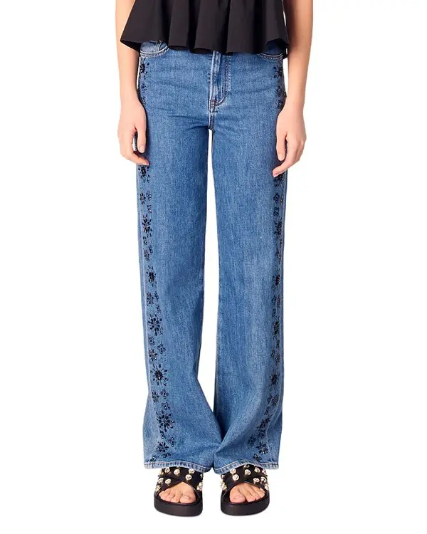 Maje Embroidered Rhinestone High Rise Jeans