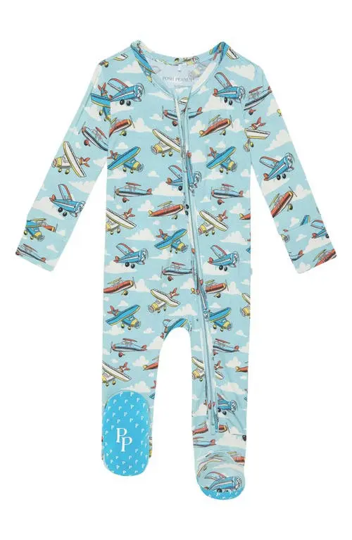 POSH PEANUT Planes Print Zip Footie - Blue