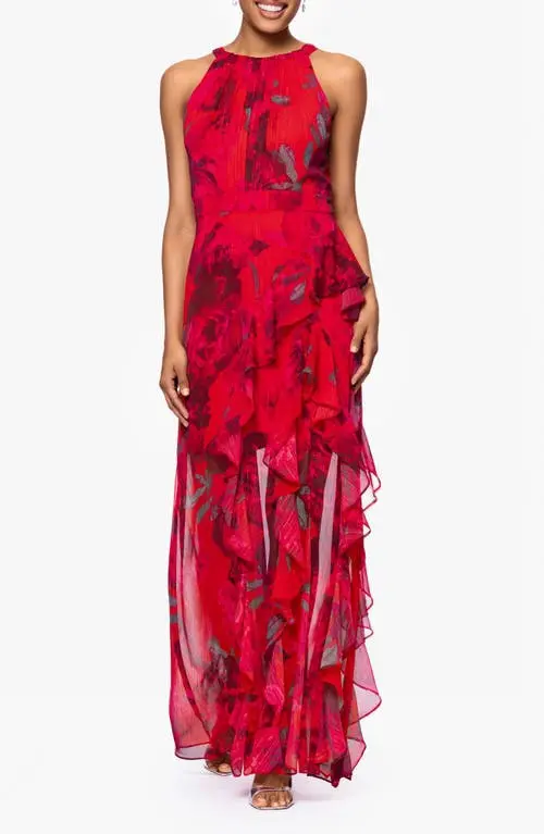 Betsy & Adam Rose And Metallic Stripe Gown