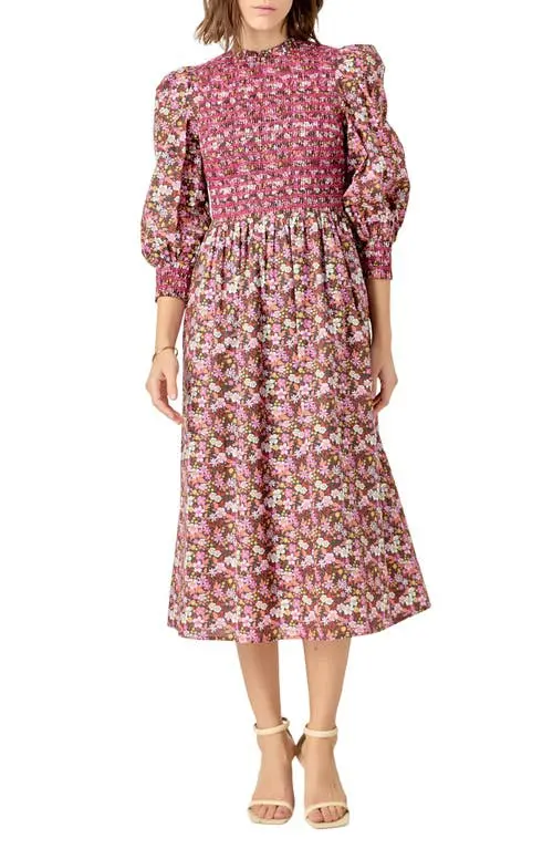 English Factory Floral Smock Bodice Midi Dress