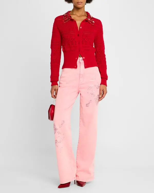 DES_PHEMMES Embellished Open-knit Cardigan - Lipstick Rouge