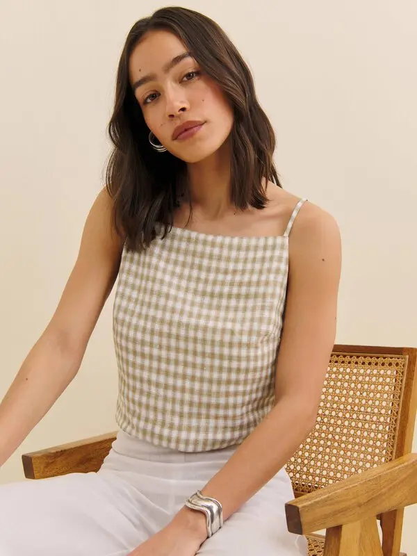 REFORMATION Kerri Linen Top - Dunes Check