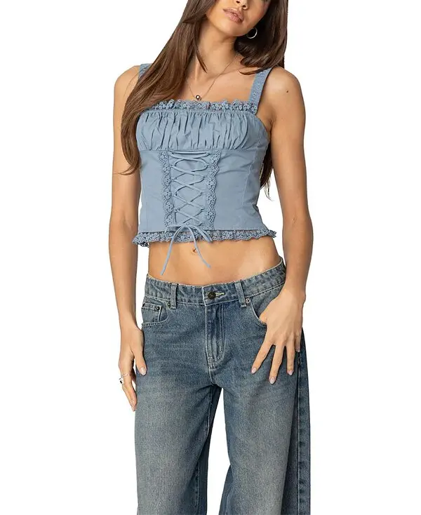 EDIKTED Juliet Ruched Lace Up Corset - Light Blue