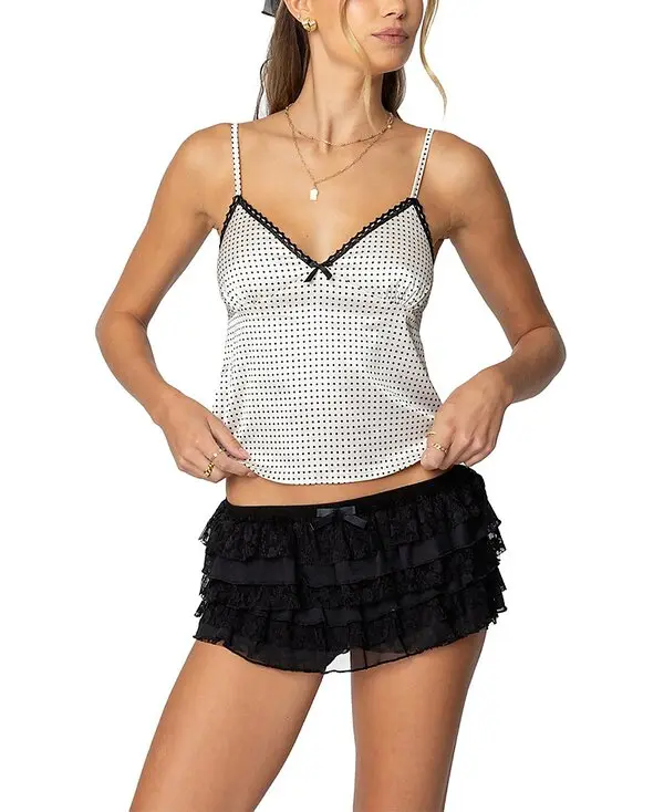 EDIKTED Polka Dot Satin Top With Lace Trim