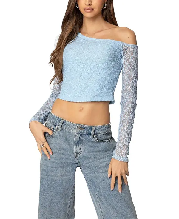 EDIKTED Fabia Asymmetric Textured Lace Top - Light Blue