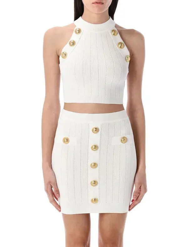 Balmain Knit Halterneck Top With Embossed Buttons - White