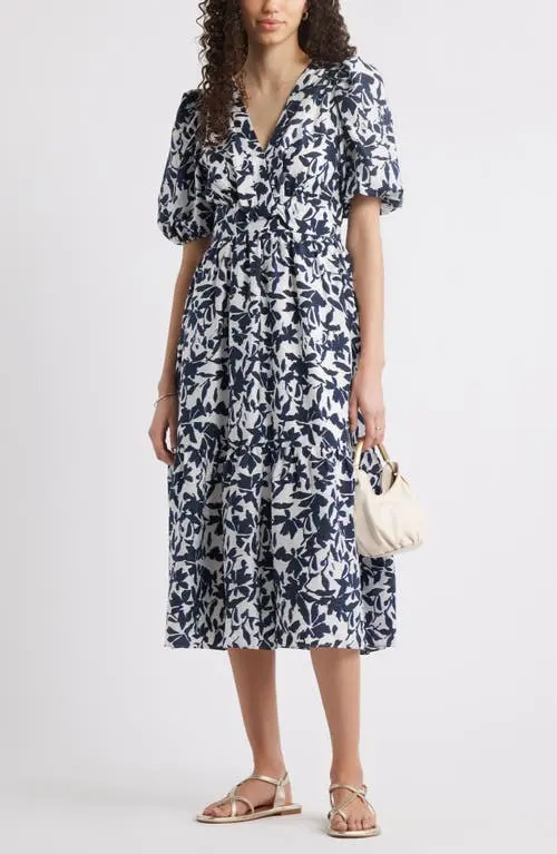 Caslon Twist Detail Allover Print Midi Dress In Ivory- Navy Serena