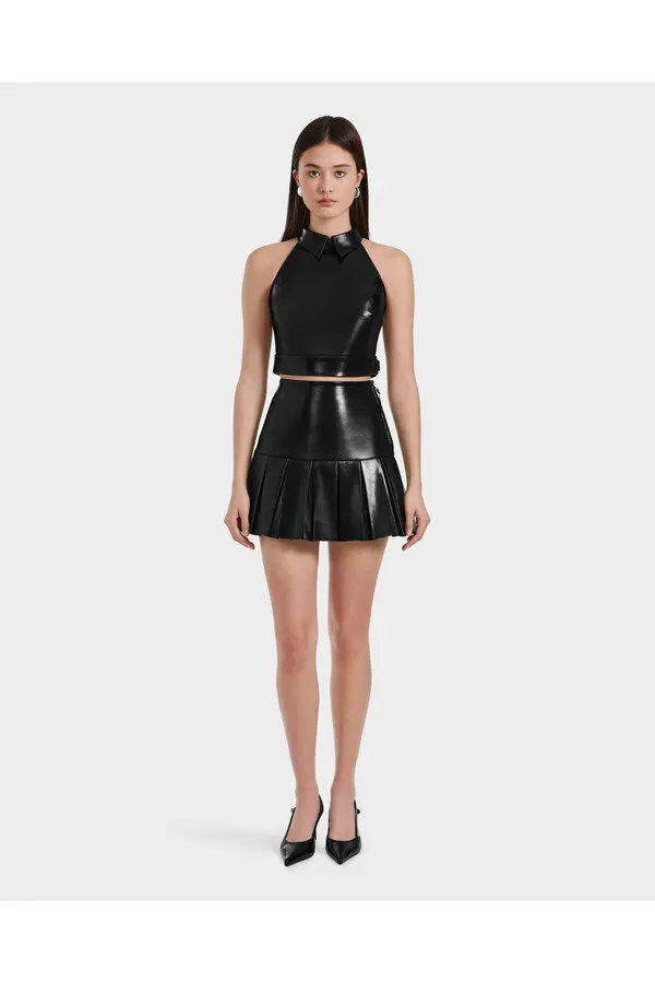 Rudsak Short Pleated Leather Skirt - Black