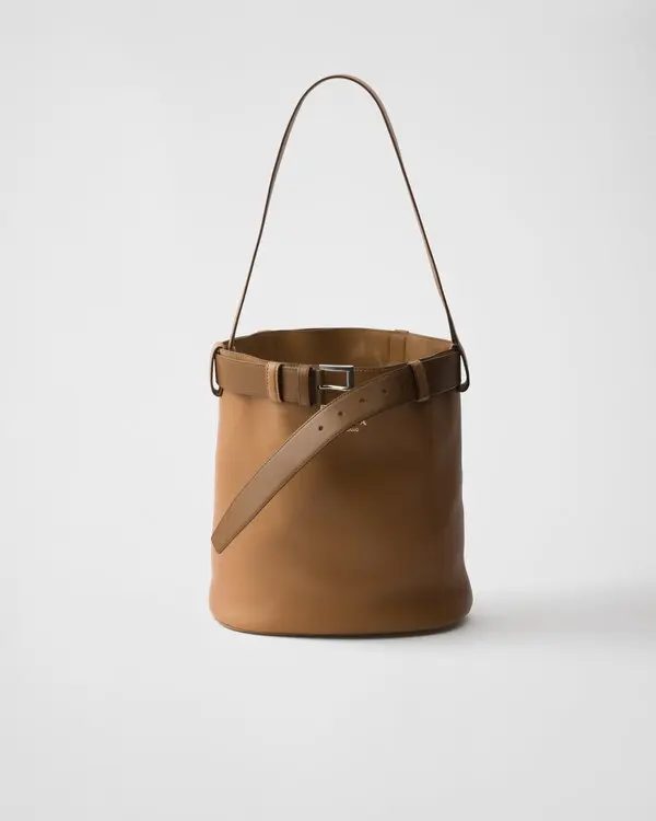 Prada Buckle Leather Bucket Bag With Belt - Caramel