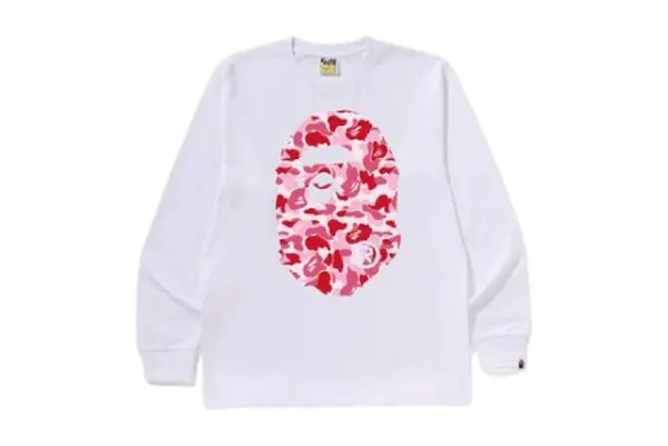 BAPE Abc Camo Big Ape Head Long Sleeve Tee Shirt - White/pink