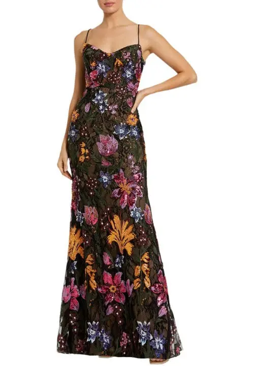 Mac Duggal Floral Embroidered Gown - Black Multi