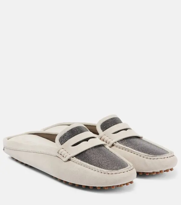 Brunello Cucinelli Monili Suede Driving Mules - Beige