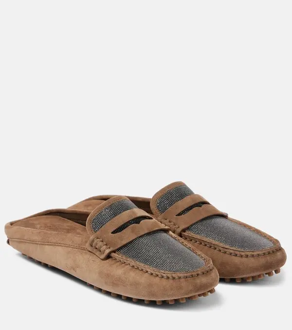 Brunello Cucinelli Monili Suede Driving Mules - Brown