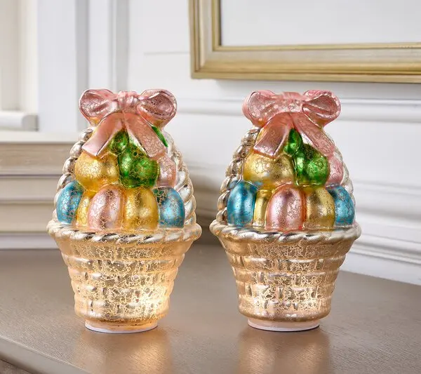 VALERIE PARR HILL Set Of 2 Illuminated Mercury Glass Egg Baskets Valerie