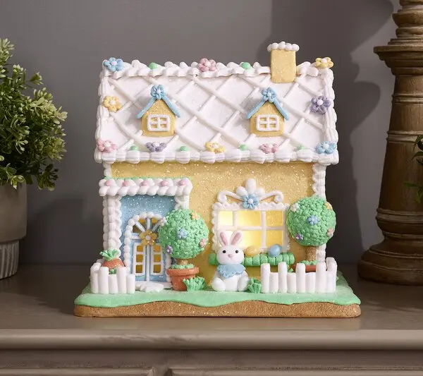 VALERIE PARR HILL Illuminated Gingerbread Easter House With Bunny Valerie