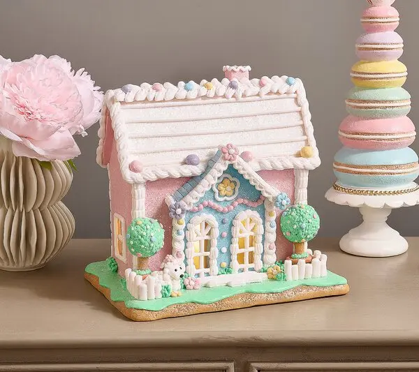 VALERIE PARR HILL Illuminated Gingerbread Easter House With Lamb Valerie