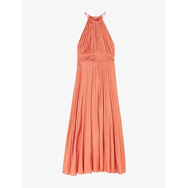 Maje Halter-neck Pleated Woven Midi Dress - Bruns