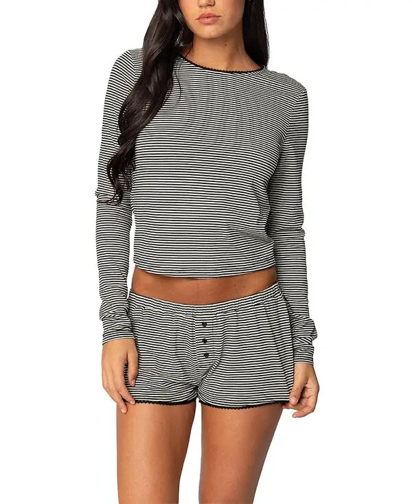 EDIKTED Striped Long Sleeve T-shirt - Black And White
