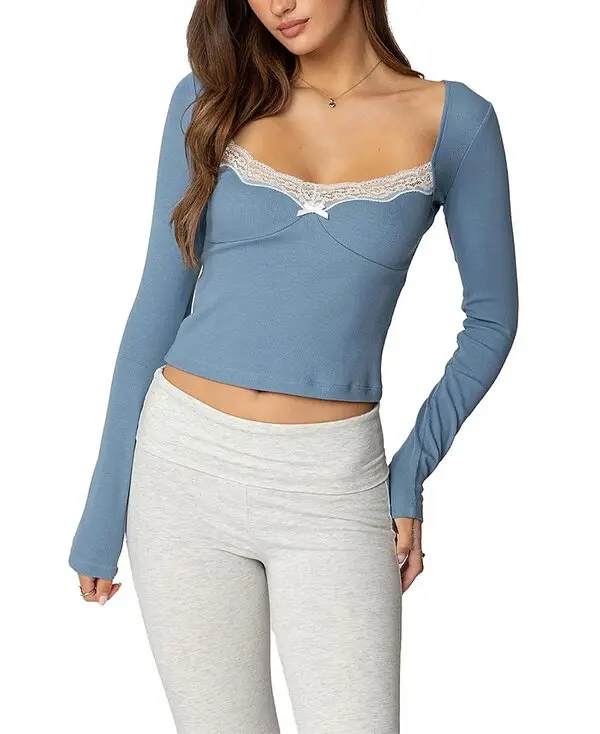 EDIKTED Morgyn Lace Trim Ribbed Top - Blue
