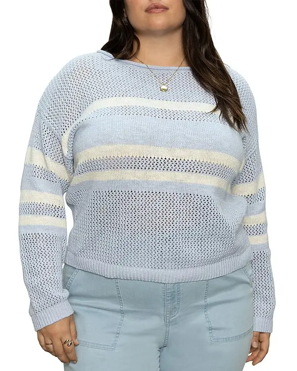 Sanctuary Plus Sporty Stripe Open Knit Sweater - Sky Blue